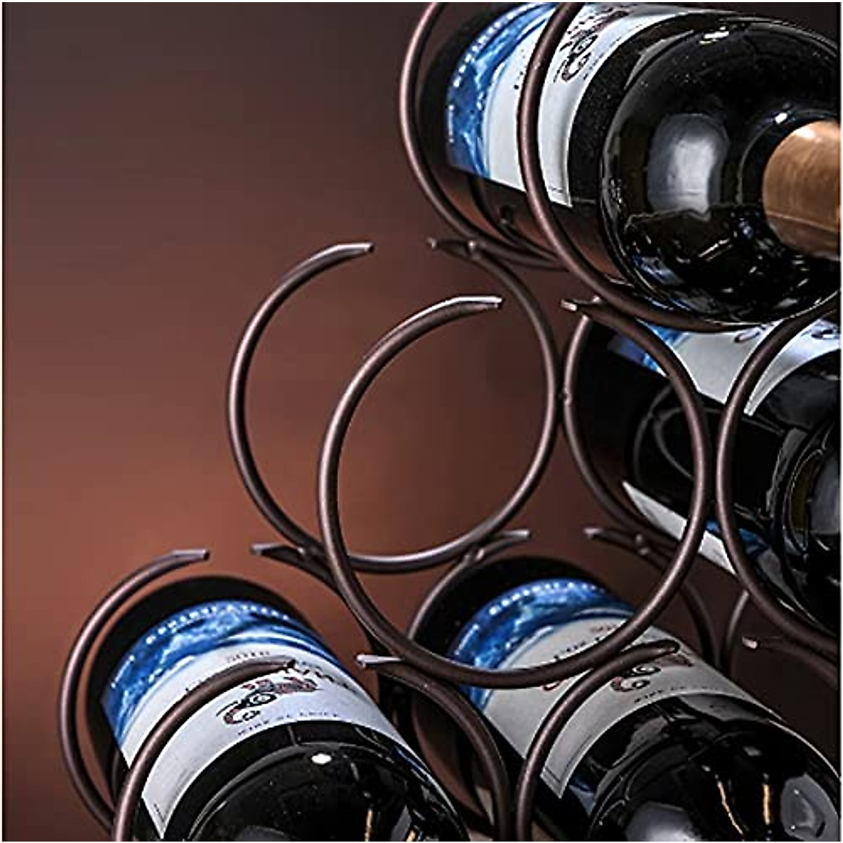 Fadak Countertop Wine Rack, Tabletop 6 Bottles Wood Wine Holder, Sturdy Handle, 3-Tier Rustic Classic Design, Simple Assembly, Wood & Metal (Bronze)