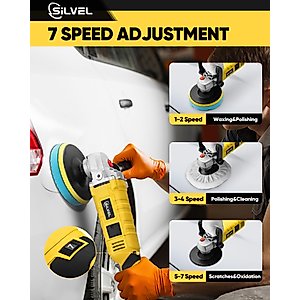 SILVEL Buffer Polisher, 1600W 7 Inch/6 Inch Polisher for Car Detailing, Wax Machine, 7 Variable Speed, with 6 Foam Pads, 3 Wool Pads, Packaging Bag, for Boat Polishing and Waxing