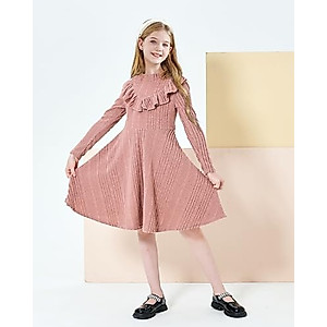 YOURUIKEY Girls Winter Dress Half High Neck Long Sleeve Girl Beige Pink Dresses Teen Girl Clothes Size 7 8 Ruffle Fall Outfit