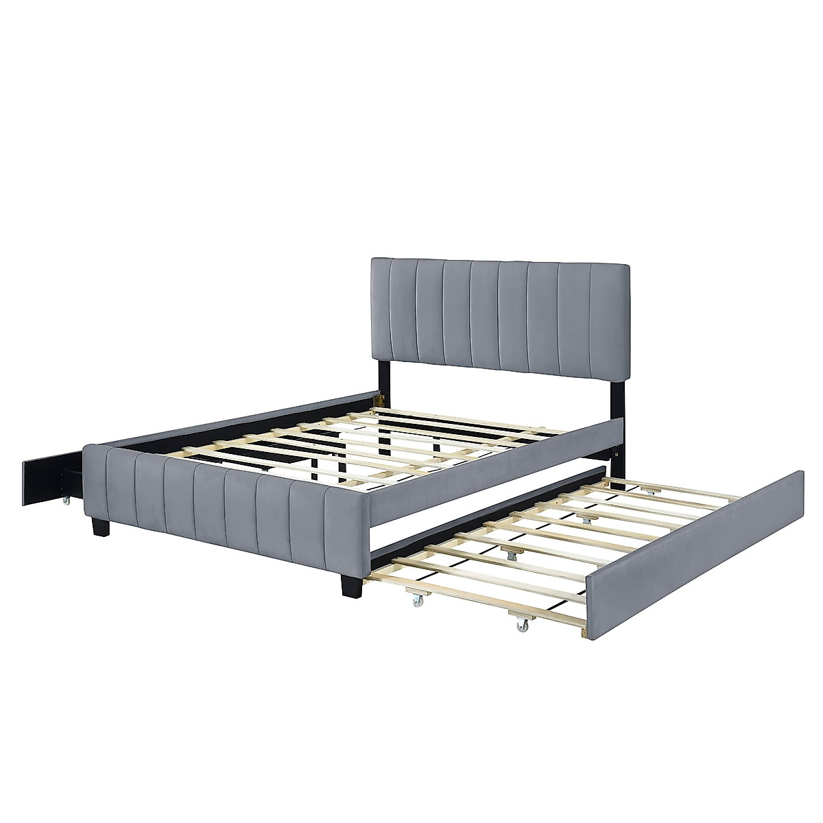 Harper & Bright Designs Queen Size Upholstered Bed with 1 Twin XL Trundle and 2 Storage Drawers, Velvet Platform Bed Wood Frame, No Box Spring Needed (Gray)