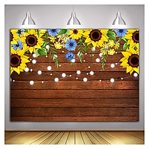 Rustic Sunflower Wooden Photo Banner 7x5ft Summer Floral Brown Wood Photography Backdrop Congrats Grad Prom Birthday Baby Shower Bridal Shower Wedding Background Supplies