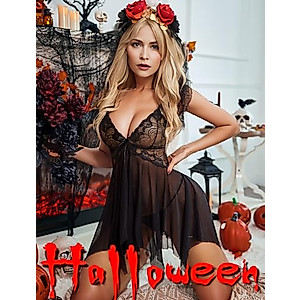 KEMIYA Lingerie for Women Lace Babydoll Sleepwear Boudoir Outfits V Neck Sleepwear Strap Chemise Black X-Large