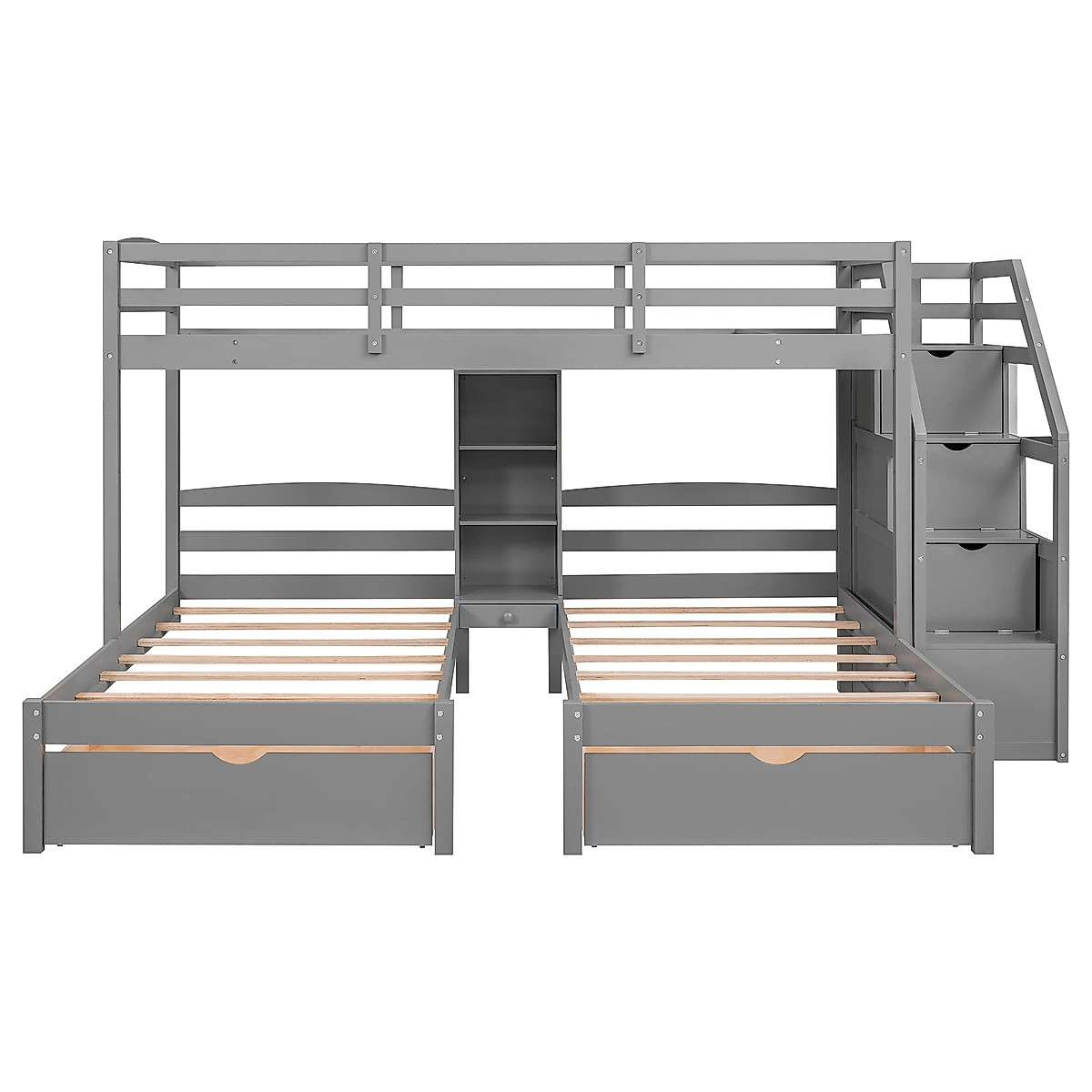 Triple Bunk Beds with Stairs , Wood Twin Over Twin & Twin Bunk Bed with Storage Drawers and Built-in Shelves, Triple Bed for Kids ,3 Bed Bunk Beds with Storage for Girls Boys ,Grey