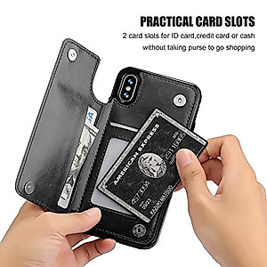 iPhone Xs iPhone X Wallet Case with Card Holder,OT ONETOP Premium PU Leather Kickstand Card Slots Case,Double Magnetic Clasp and Durable Shockproof Cover(Black)