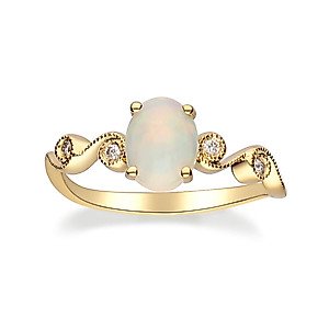 Gin & Grace 14K Yellow Gold Natural Ethiopian Opal Ring with Real Diamonds| Ethically, authentically & organically sourced (Oval) Shaped Opal Hand-Crafted Jewelry for her | Opal Ring for Women