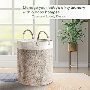 MXMHOME Large Laundry Hamper, 20" X 15" X 15" Tall Woven Rope Storage Basket for Blanket, Cotton Rope Basket Laundry Hamper for Clothes, Toys, Dirty Clothes, Soft Baby Hamper for Nursery, 58L, Brown