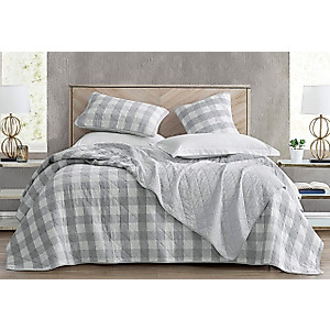 Chezmoi Collection 3-Piece Gray White Plaid Cotton Quilt Set - Buffalo Check Solid Reversible Bedspread - Pre-Washed Cotton Lightweight Coverlet, King Size