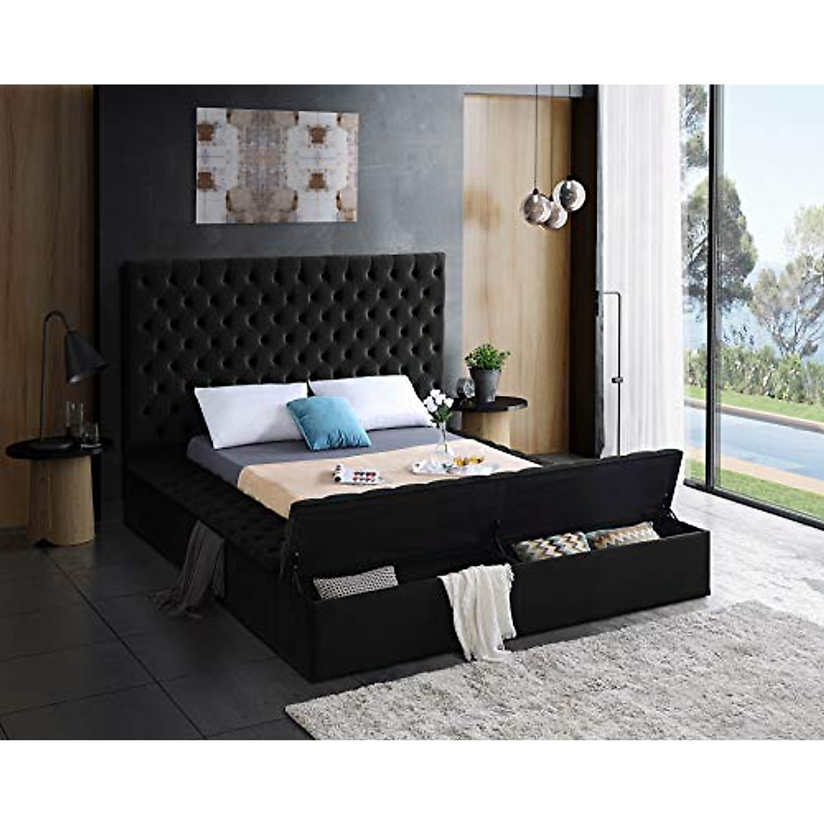 Meridian Furniture Bliss Collection Modern | Contemporary Velvet Upholstered Bed with Deep Button Tufting and Storage Compartments in Rails and Footboard, Black, King