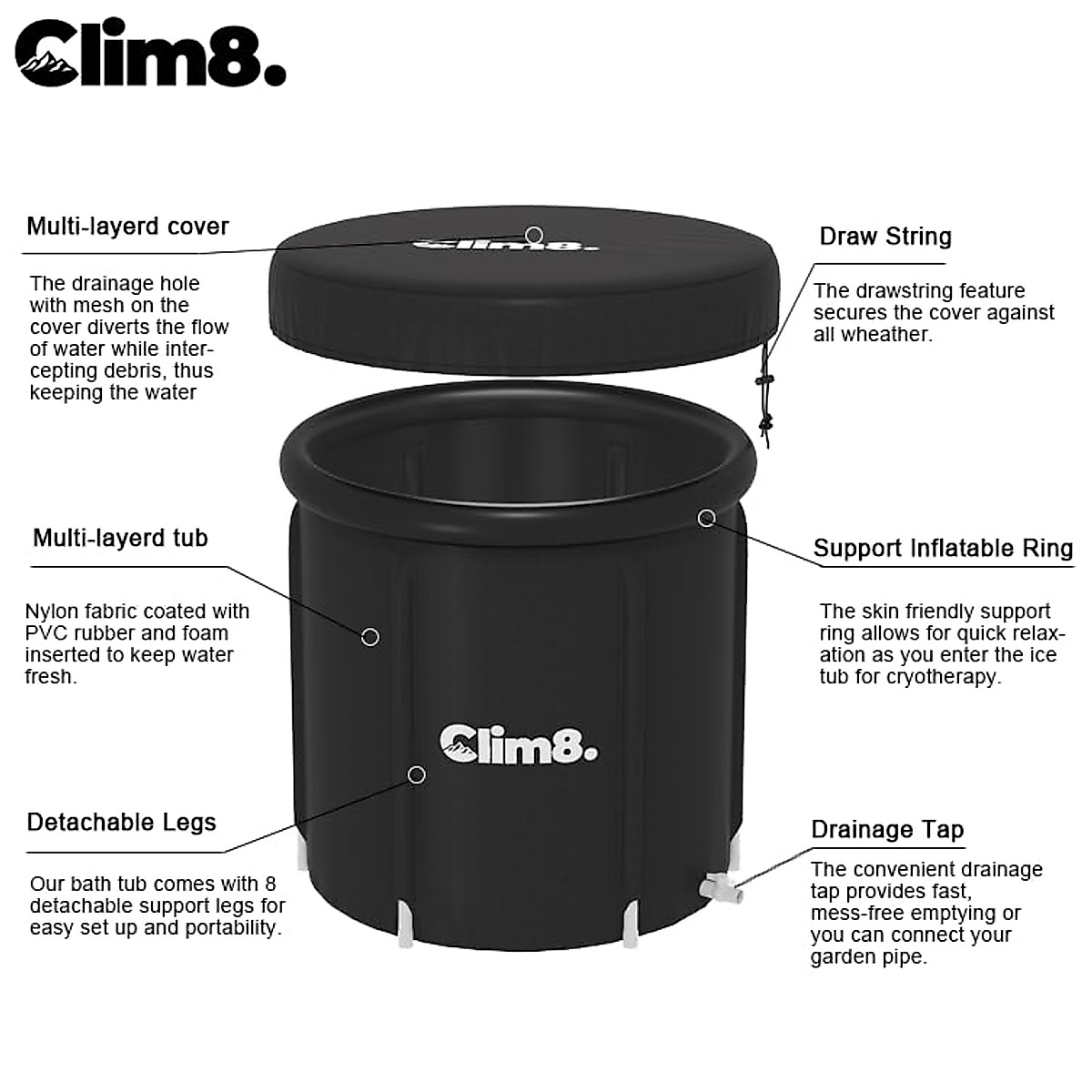Clim8 Ice Bath Tub for Athletes: 85 Gallons Cold Plunge Tub with Lid, Insulated 4 Layers Portable Freestanding Ice Plunge Tub for Recovery