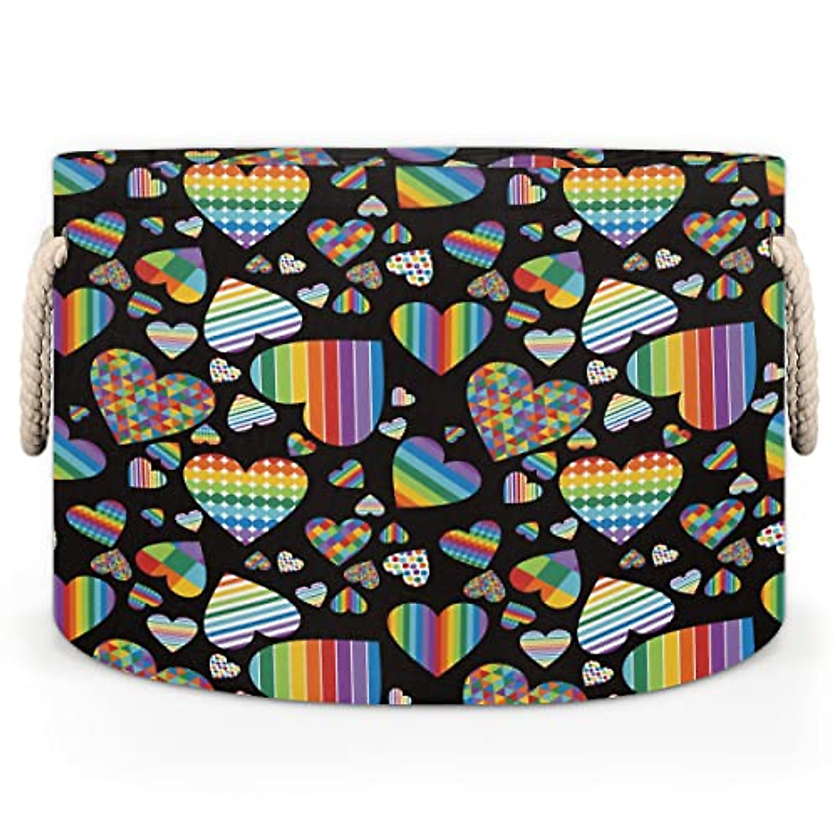 Rainbow Hearts Lgbt Pridge Large Round Baskets for Storage Laundry Baskets with Handles Blanket Storage Basket for Bathroom Shelves Bins for Organizing Nursery Hamper Girl Boy
