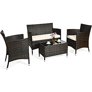 BestComfort 4 Piece Outdoor Patio Furniture Set Wicker Conversation Set, Sectional Sofa Rattan Wicker Chair, Glass Coffee Table for Backyard Porch Poolside Balcony Garden