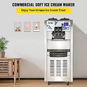 VEVOR Commercial Ice Cream Machine with Two 12L Hoppers Soft Serve Machine with 3 Flavors Commercial Ice Cream Maker 2500W Compressor Soft Ice Cream Machine with LCD Panel for Restaurants Snack Bar