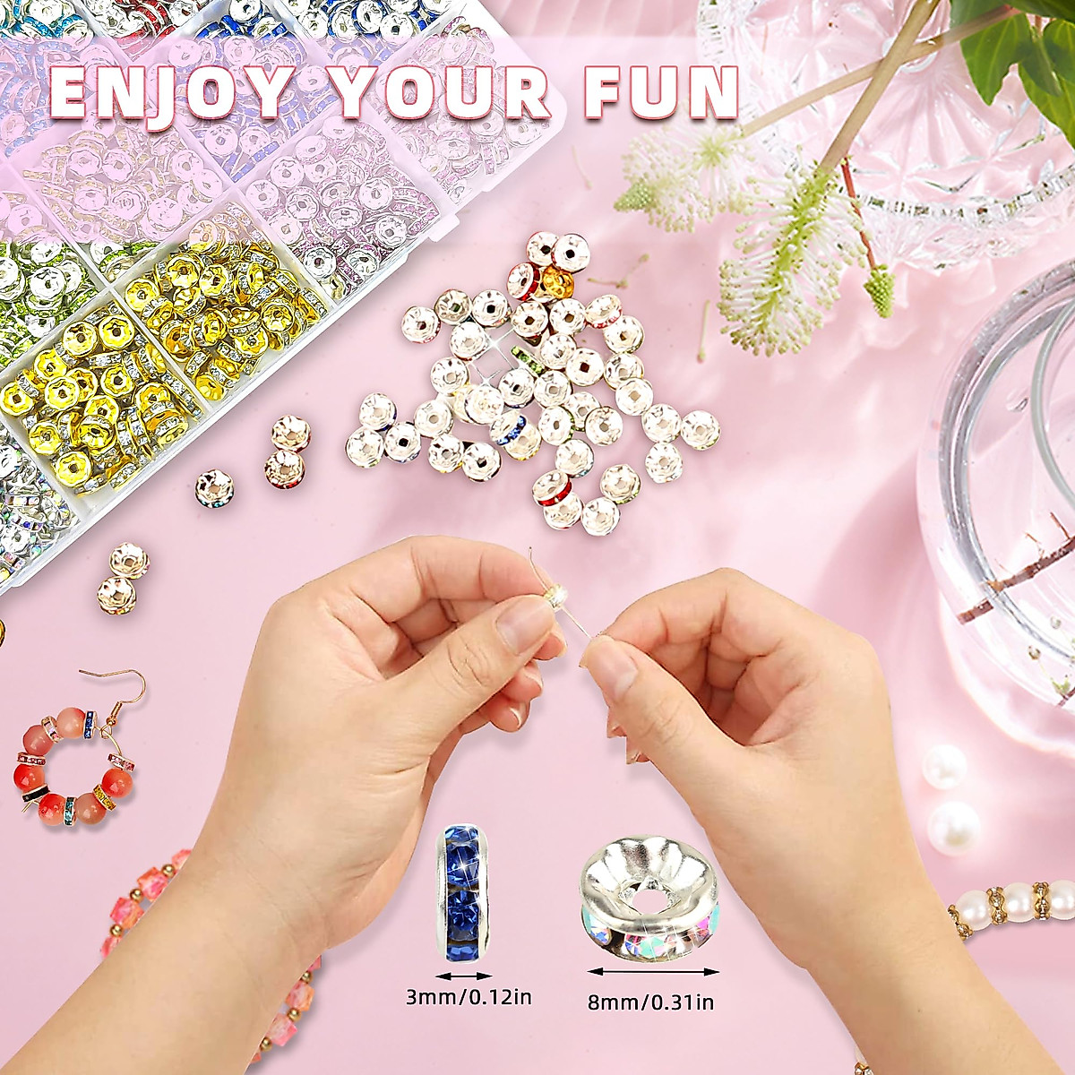 1080Pcs 8mm Round Spacer Beads, Crystal Beads, Rhinestone Beads ,Beads for Jewelry Making Necklaces, Bracelet Pendants (9 Colors-8mm)