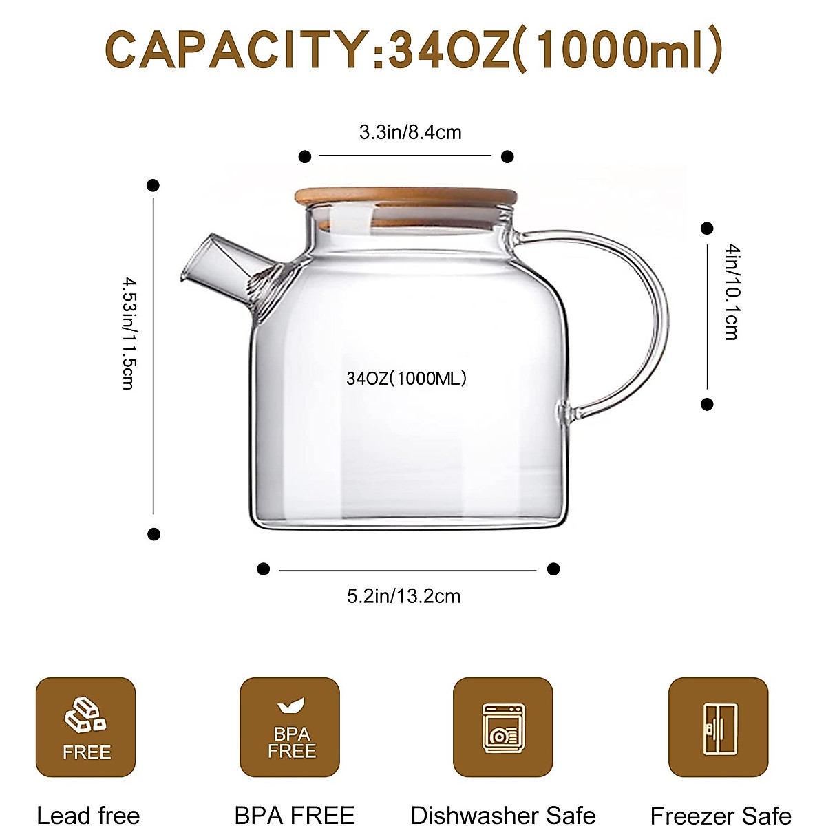 Glass Teapot Stovetop & Microwave Safe, 34oz/1000ml Glass Borosilicate Teapot with Removable Filter Spout, Glass Teapots with Bamboo Lid, Teapot for Loose Leaf, Fruit Tea, Blooming Tea