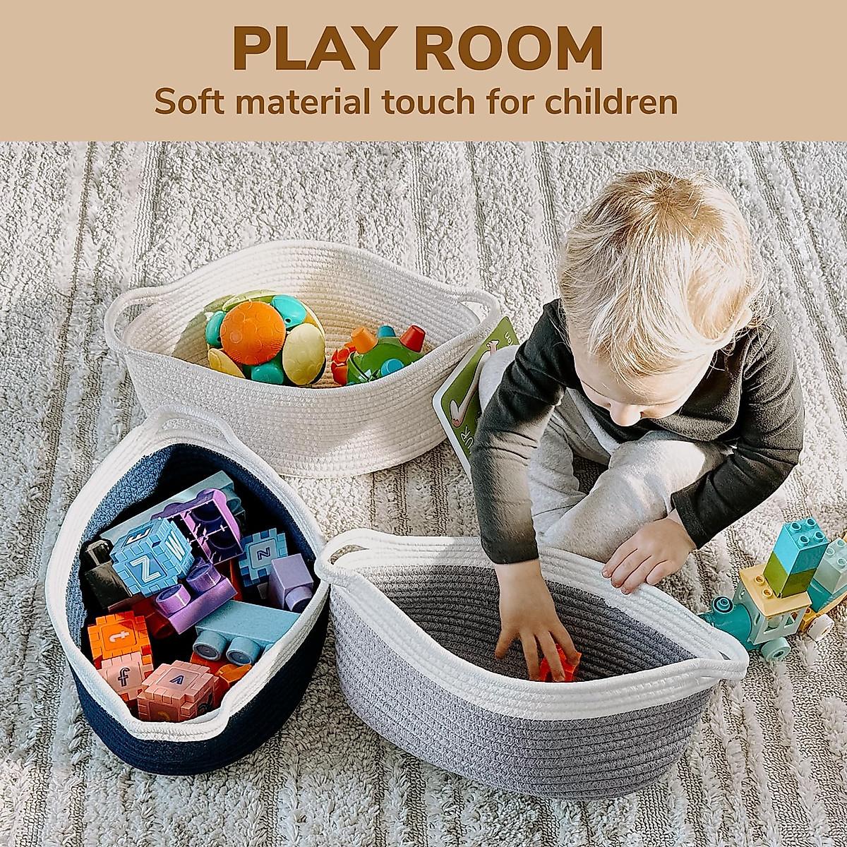 Goodpick White Basket with Handles, Baby Laundry Basket, Cute Cotton Rope Basket for Toys, Small Basket for Organizing Gifts,Snacks,Woven Storage Basket for Bathroom, 12"x 8" x 5"