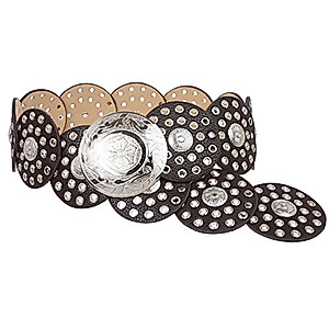 Women's 3 1/2" (90 mm) Wide Boho Disc Concho Leather Belt, Dark Brown | l - 45" (114 cm) end-to-end