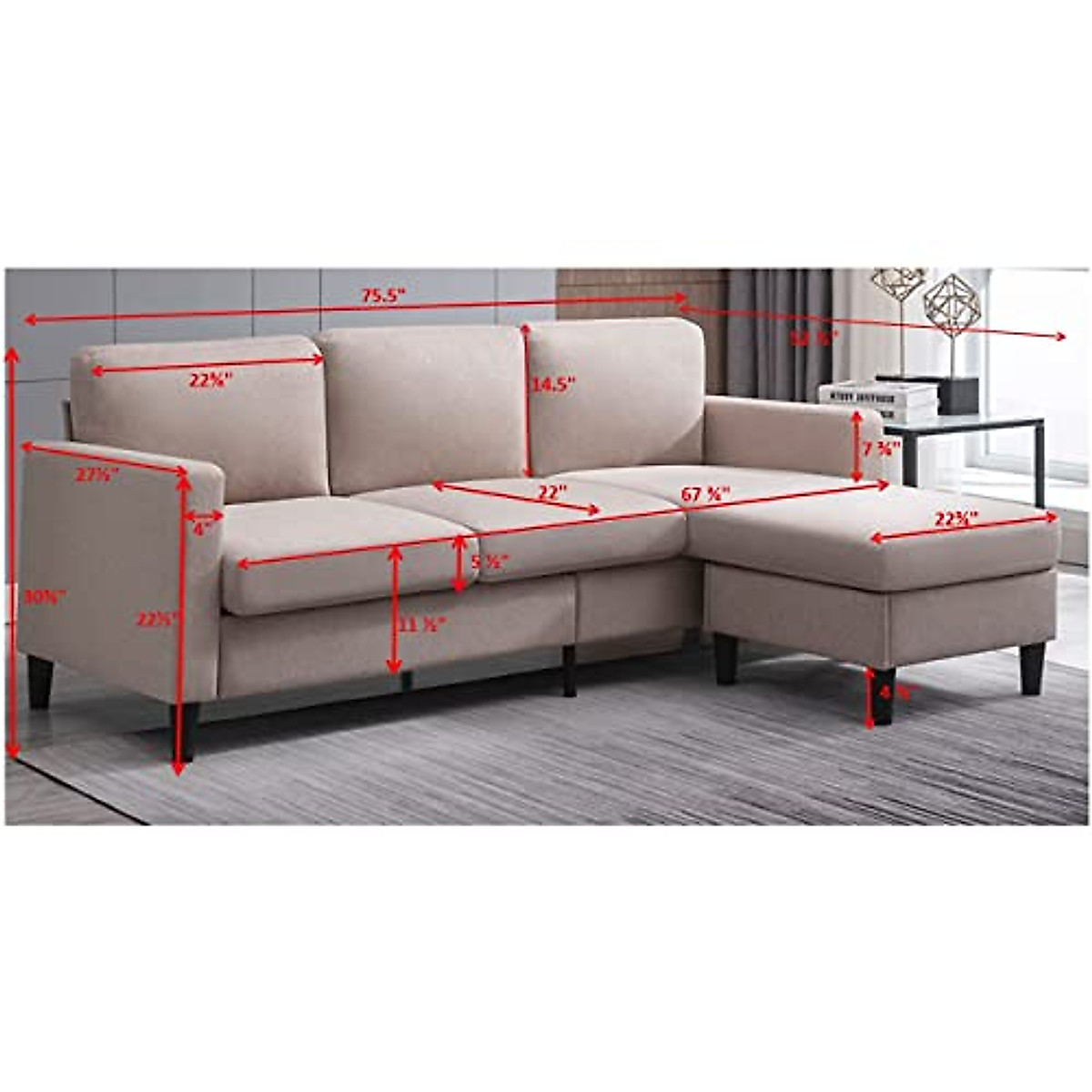 Urban Home Furniture Marcus 77" Mid Century Reversible Sectional with Storage Ottoman - Oatmeal