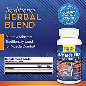 Natural Balance Super Flex Back | Herbal Supplement Supports Lower Back Muscle Comfort | Features Turmeric, Ginger, Glucosamine, MSM & Kava | 60 Ct