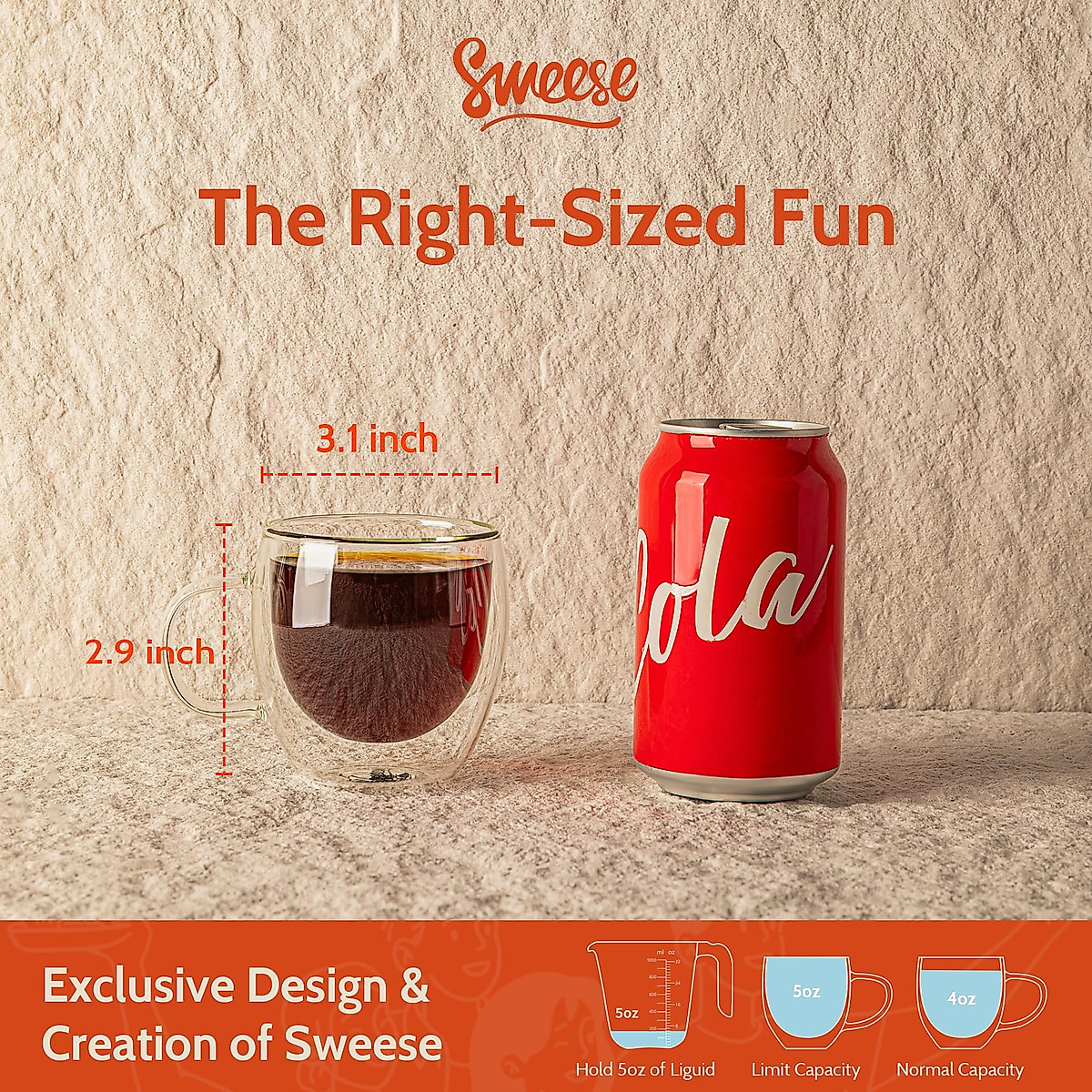 Sweese 5oz Double Wall Glass Espresso Cups Set of 4, Insulated Glass Coffee Cups with Handle Perfect for Cappuccino, Latte, Tea, Clear Glass Espresso Shot Cups Suitable for Espresso Machine