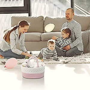 Twira Large Baby Diaper Caddy, Diaper Basket with Divider, Convenient Nursery Storage Box, Rope Diaper Box Organizer for Diapers, Changing Table Diaper Organizer (Pink & White)