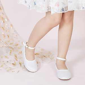 PHIRAMIN Toddler Flower Girl Glitter White Dress Shoes - Little Girl Ballet Flats Size 12 Wedding Party