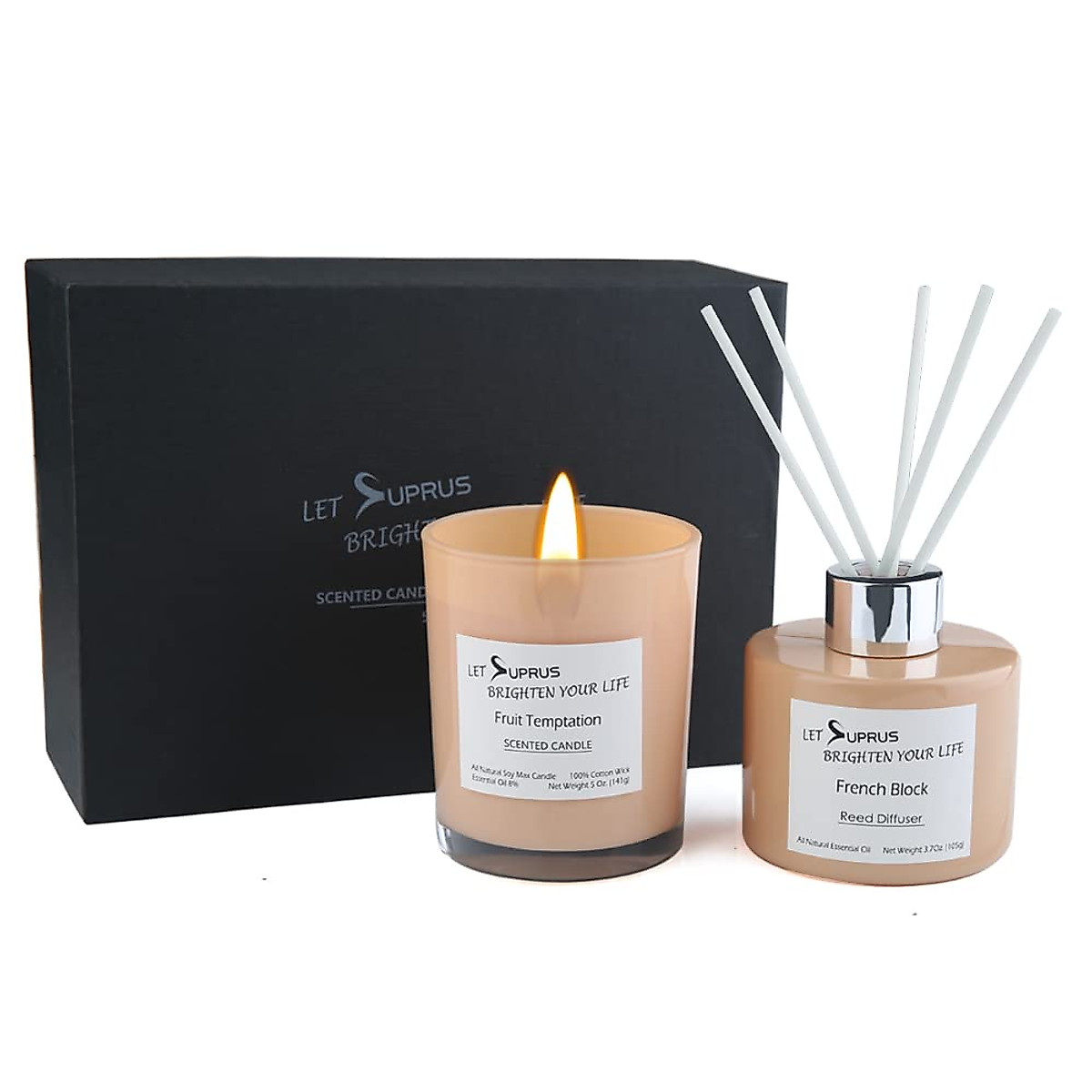 SUPRUS Reed Diffuser Set and Scented Candle for Home Aromatherapy Scented Oil with Gift Box for Easter, Mother's Day, Women, Friends (Fruit Temptation/French Block)