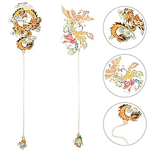 Sewroro Metal Bookmark with Chain: 2pcs Book Page Marker Decorative Book Mark with Chinese Mythology Figure Charm for Book Lover Graduation Gift