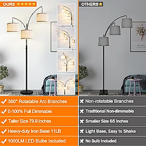 Dimmable Floor Lamp - 3 Lights Arc Floor Lamps for Living Room, 1000LM Modern Tall Standing Lamp with White Shades & Heavy Base, Mid Century Tree Floor Lamp for Bedroom Office, 3 LED Bulbs Included