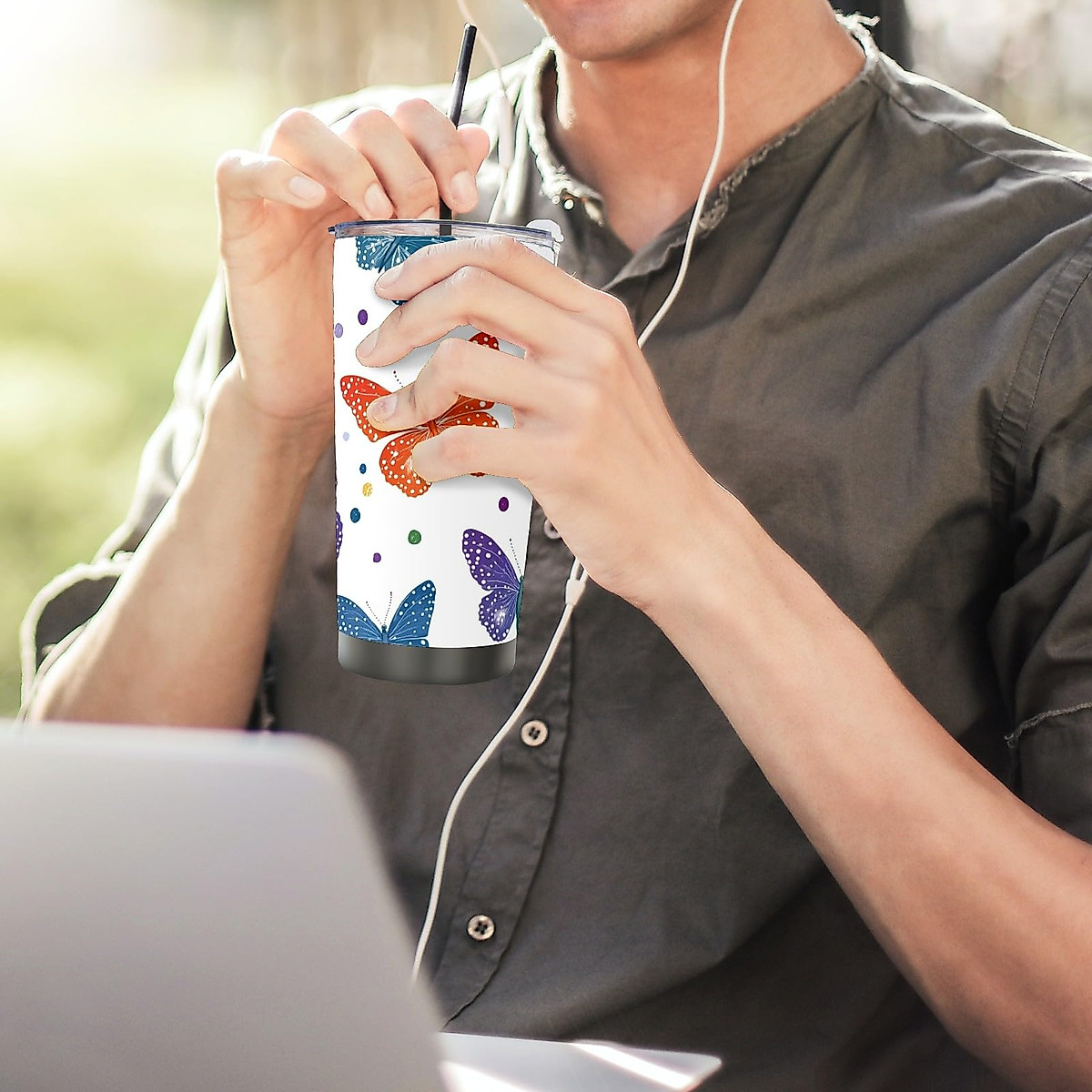 QWEUIOP 20oz Insulated Travel Coffee Mug Retro Butterfly Pattern Stainless Steel Tumbler with Lid Double Wall Vacuum Coffee Cup For Hot and Cold Drinks14029