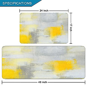 RYANZA 2 Pieces Kitchen Rugs, Abstract Anti Fatigue Non Slip Foam Cushioned Grey and Yellow Art Painting Comfort Indoor Floor Mat Runner Rug Set for Laundry Office Sink Bathroom (17"x48"+17"x24")
