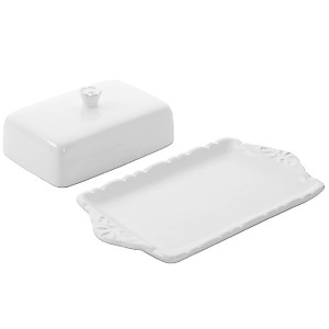 MyGift Vintage French Country Style White Ceramic Large Butter Dish Tray with Tulip Handle Top Lid, Kitchen Countertop Bi-Coastal Butter Keeper with Cover, Holds 2 Sticks