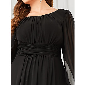 Ever-Pretty Women's Round Neck Long Lantern Sleeves Chiffon Pleated Long Evening Gown Plus Size Formal Dress Black US22