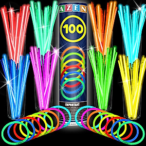 AZEN 100 Pcs Glow Sticks Bulk, 8 Inch Glow in the Dark Party Supplies Pack, Neon Party Favors Decorations Glow Necklaces and Glow Bracelets for Kids