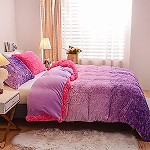 Holawakaka Pink Purple Ombre Stars Shaggy Fuzzy Duvet Cover Set Queen Size Faux Fur Bedding Sets (Pink Purple, Queen)