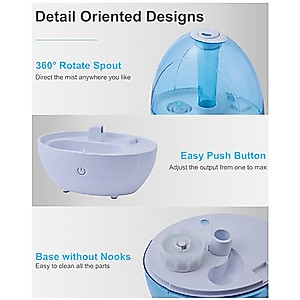2L Cool Mist Humidifier for Bedroom with Nightlight, 30H Runtime, 360° Nozzle, Auto Shut-Off, Easy to Fill and Clean, Ideal for Home and Baby Nursery