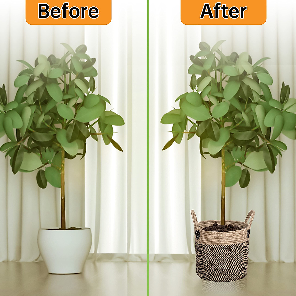 ZOES HOMEWARE 14"x12" Natural Jute Rope Woven Storage Basket with Handles for Plant, Blankets,Toys,Clothes,Shoes - Living Room Home Decor,Multifunctional Basket for Organizer,Picnic,Artificial Tree