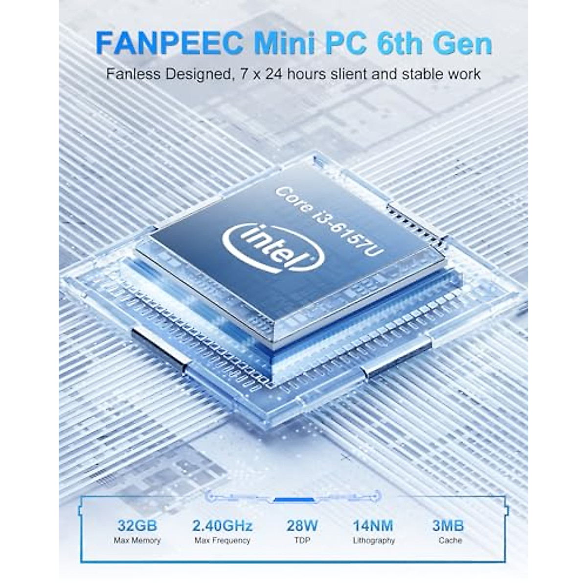 FANPEEC Fanless Mini PC Core i3 6157U, Industrial PC Windows 10 Pro 64GB RAM 512GB SSD 1TB HDD, WiFi 5, BT 4.2, 8 x USB 2.0, 2 x Ethernet Ports, 2 x HD Mini Desktop Computers