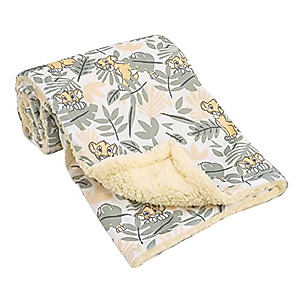 Disney Lion King Simba Yellow, Green, and White Jungle Leaves Super Soft Baby Blanket with Sherpa Back
