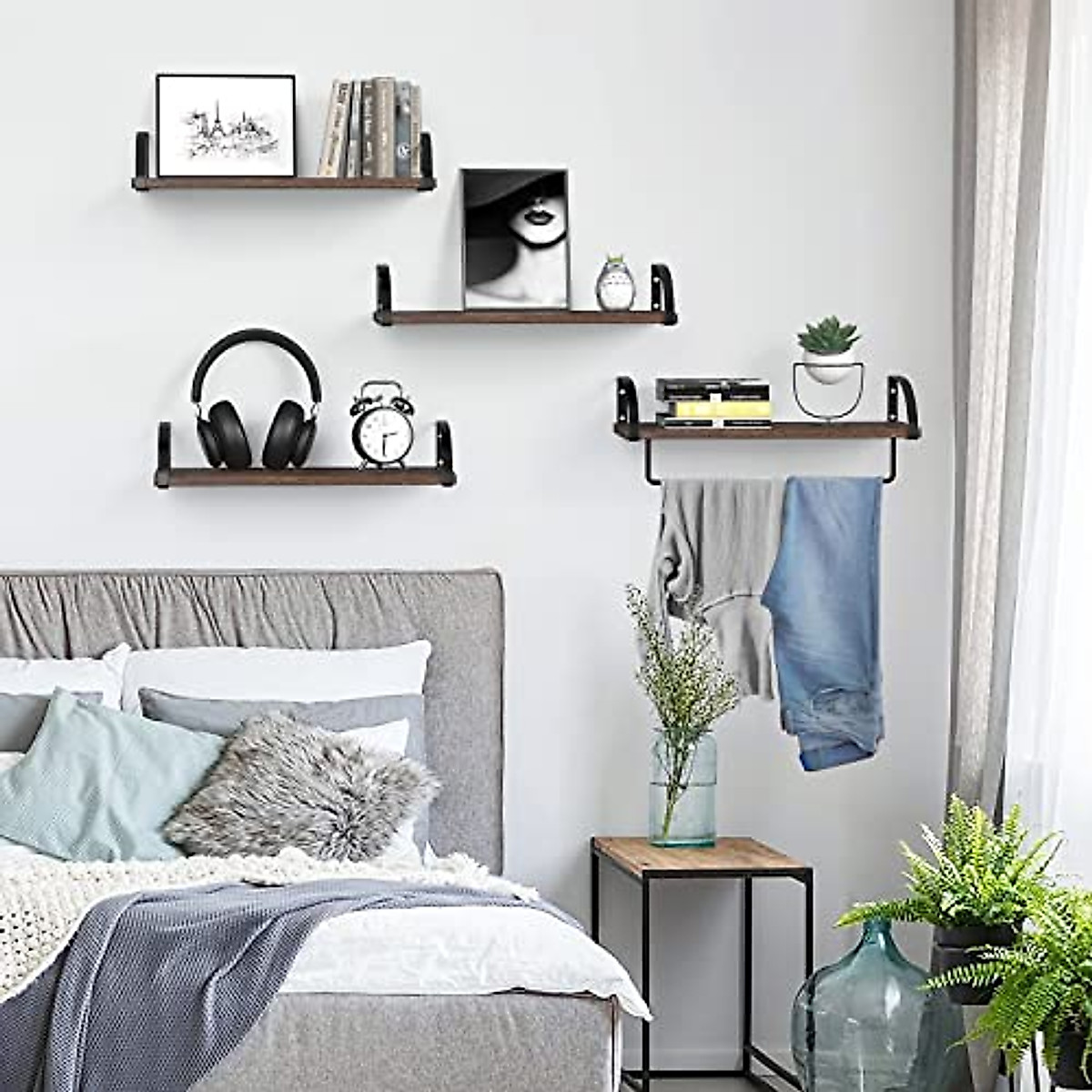 HOORMEEY Floating Shelves Set of 4, Rustic Wood Wall Shelves for Bedroom, Wall Mounted Bathroom Shelves with Towel Bar, Hanging Shelf for Living Room Kitchen Storage, Wall Decor