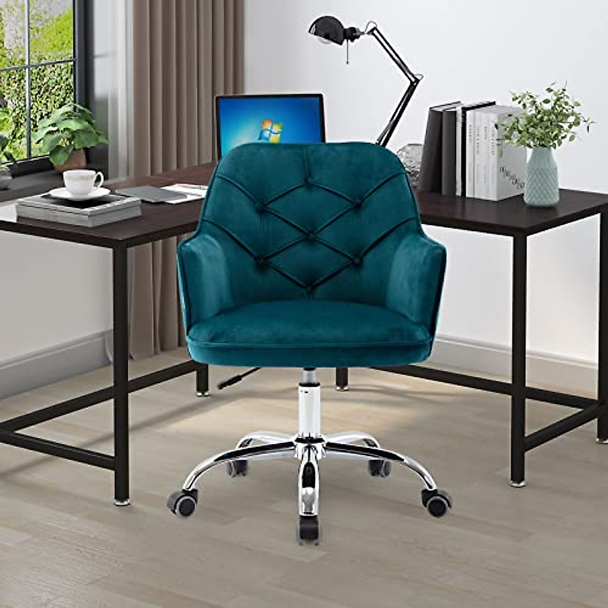 Yoluckea Modern Velvet Home Office Chair, Adjustable Swivel Office Chair for Living Room, Cute Desk Chair for Adult Teen, Upholstered Task Chair Accent Chair Executive Chair Vanity Desk Chair (Teal)