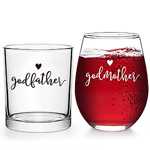 DAZLUTE Godparents Proposal Gift, Godfather Whiskey Glass Godmother Stemless Wine Glass for Godmother Godfather Mothers Day Fathers Day Christmas Birthday, Baptism Gift for Godparents from Godchild