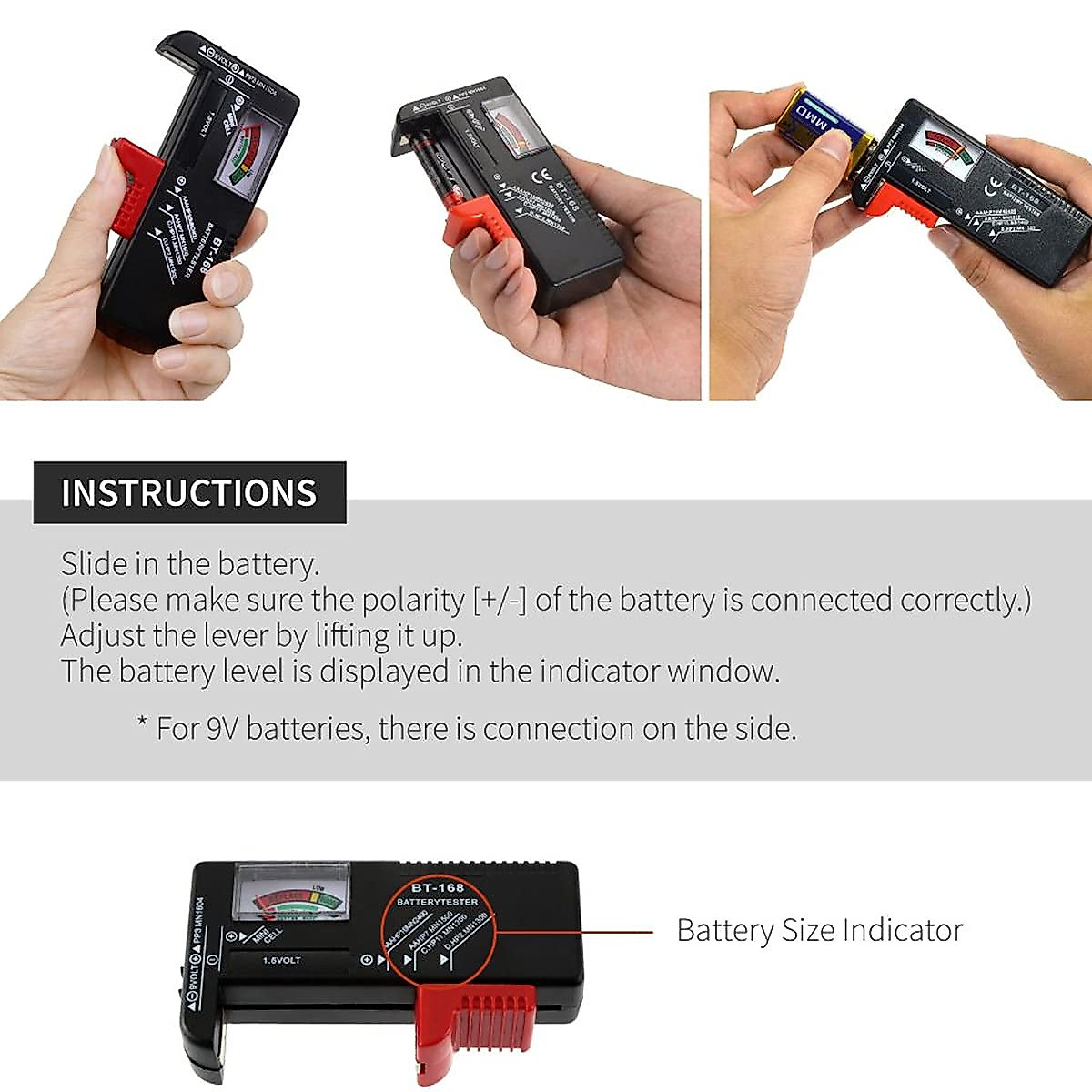 electromott Universal Battery Power Tester - household all kinds of batteries life meter for AA AAA C D 9V 1.5V Button Cell Batteries with Storage Pouch
