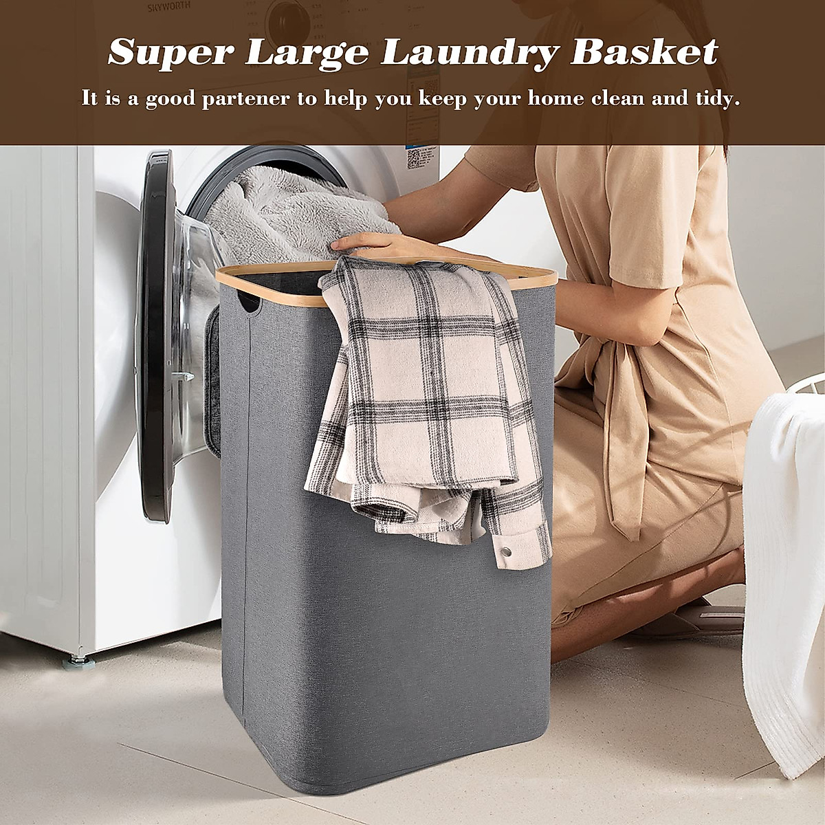 Laundry Basket with Lid - 100L Collapsible Laundry Hamper with Removable Inner Bag for Clothes and Toys Storage in Bedroom Bathroom Children's Room