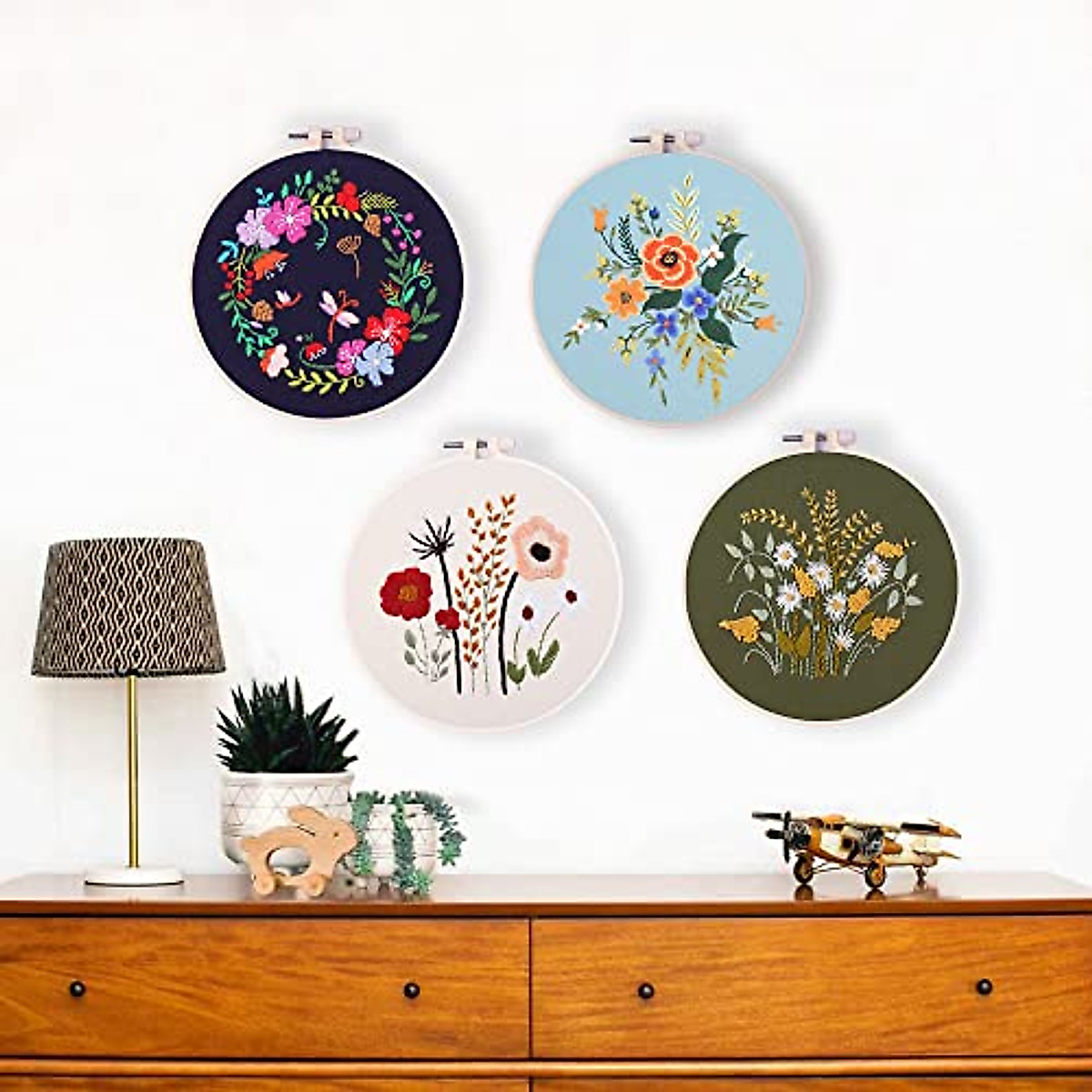 Hand Embroidery Kit for Beginners 4 Pack Embroidery Starter Kit with Pattern and Instructions,4 Plastic Embroidery Hoops,1Scissors,Color Threads and Needles,DIY Adult Cross Stitch Kits