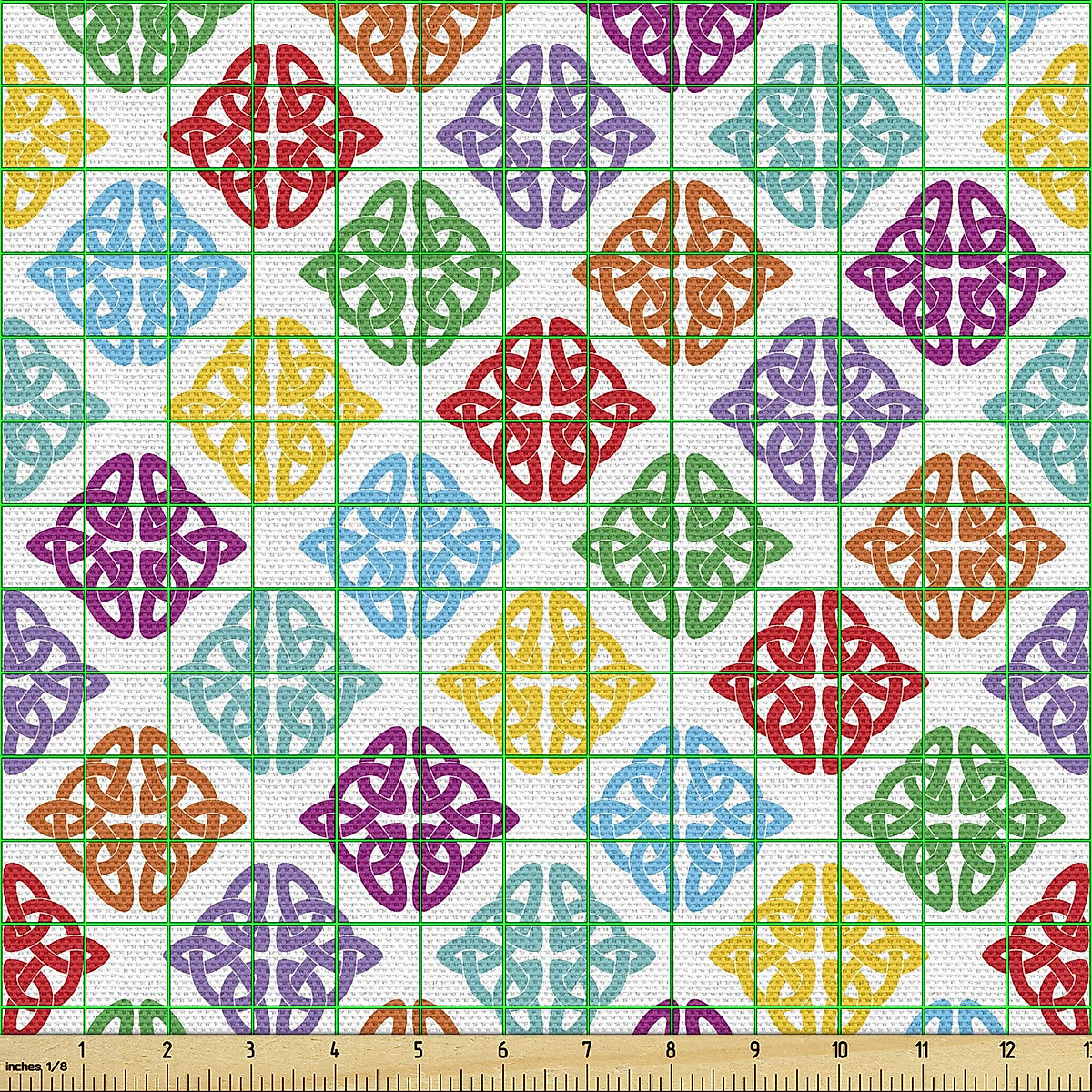 Lunarable Celtic Knot Fabric by The Yard, Colorful Antique European Ornate Design Mythological with Curved Lines, Decorative Fabric for Upholstery and Home Accents, Multicolor