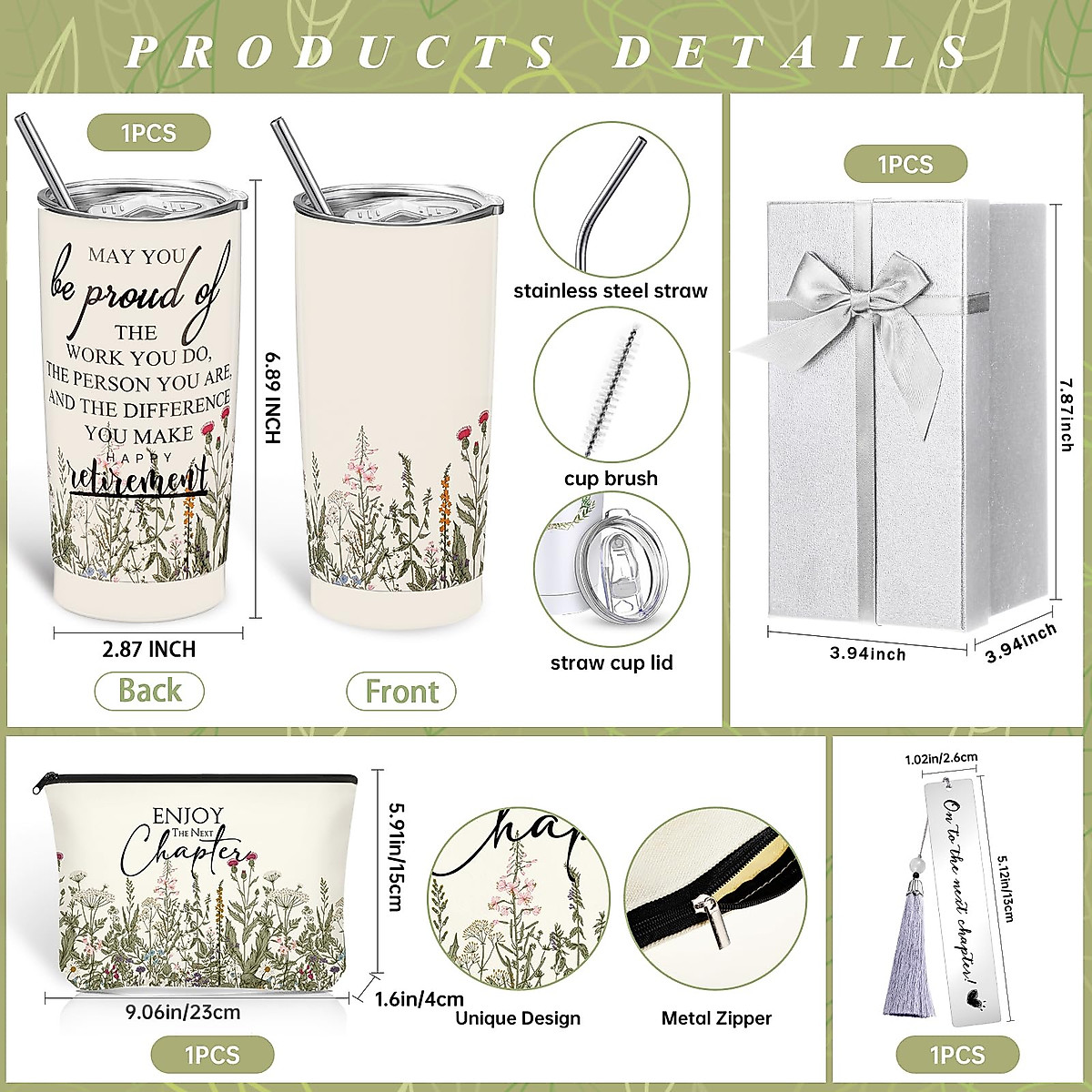 4 Pcs Retirement Gift for Women 2024 Happy Retirement Presents 20oz Stainless Steel Tumbler Makeup Bag Bookmark Set Retired Gifts Box for Mom Grandmom Teacher Coworker Nurse(Lively Style)