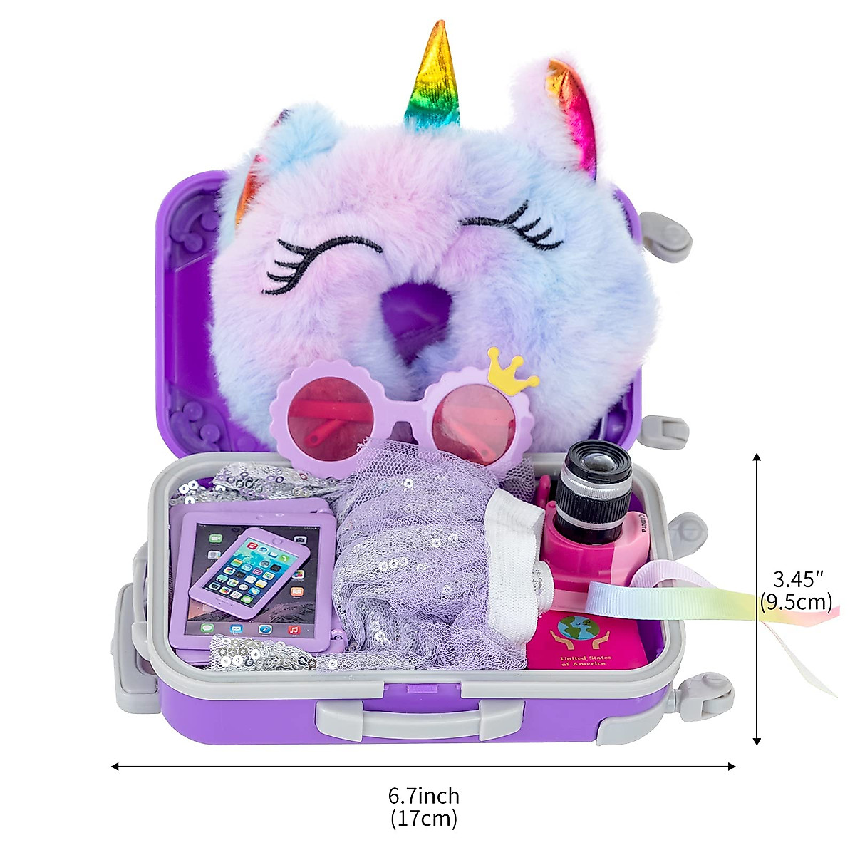 ZNTWEI American 18 Inch Doll Travel Suitcase Play Set with 18 Inch Doll Clothes and Accessories Including Sunglasses Camera Computer Phone Ipad Travel Pillow ect
