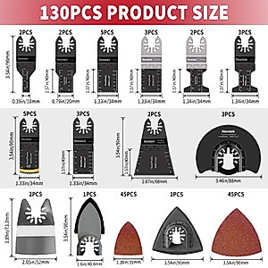 Revvstark 130 PCS Oscillating Saw Blades Set, Arc Edge Multitool Blades for Cutting Wood/Metal/Plastic with Sandpaper, Quick Release Design Compatible with Dremel, Dewalt, Craftsman, Ryobi, Milwaukee