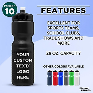 DISCOUNT PROMOS 28 oz. Custom Push Cap Plastic Water Bottles Set of 10, Personalized Bulk Pack - Perfect for Gym, Hiking, Camping, Outdoor Sports - Black