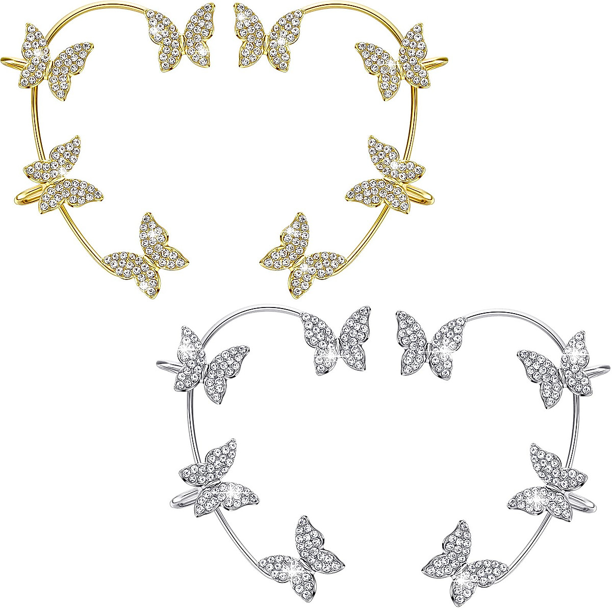 Bonuci 4 Pcs Butterfly Ear Cuff Earrings Glitter Rhinestone Butterfly Ear Cuff for Women Wrap Crawler Earrings No Piercing Butterfly Ear Clip Wrap Around Fake Earrings (Gold, Silver,Regular Style)